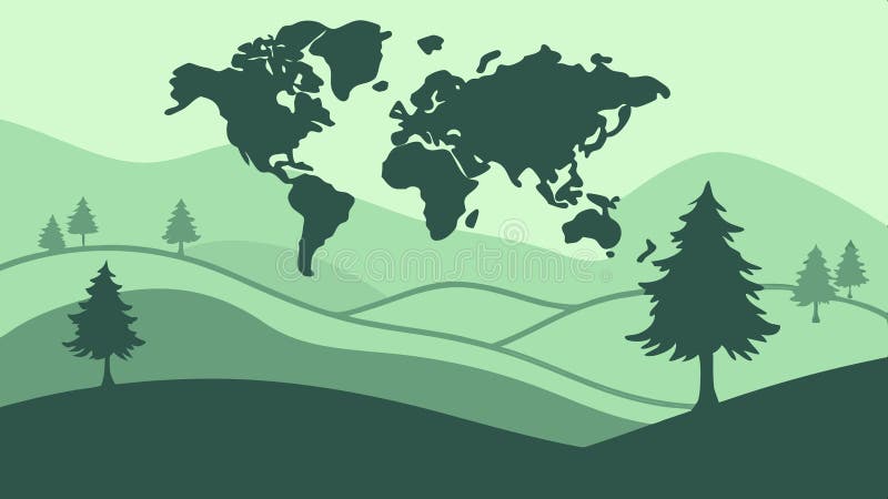 World Map with Trees and Hills Vector Illustration, Vector Design ...
