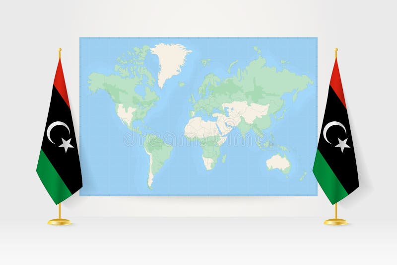World Map between Two Hanging Flags of Libya Flag Stand Stock Vector ...