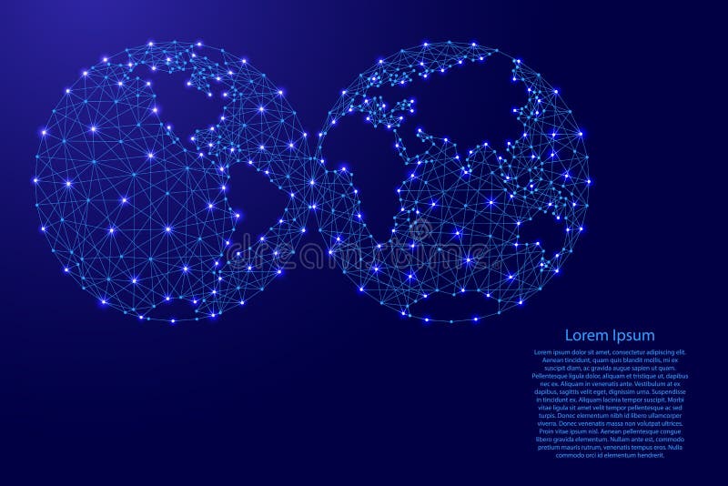 World Map of the Two Spheres from Polygonal Blue Lines, Glowing Stars ...