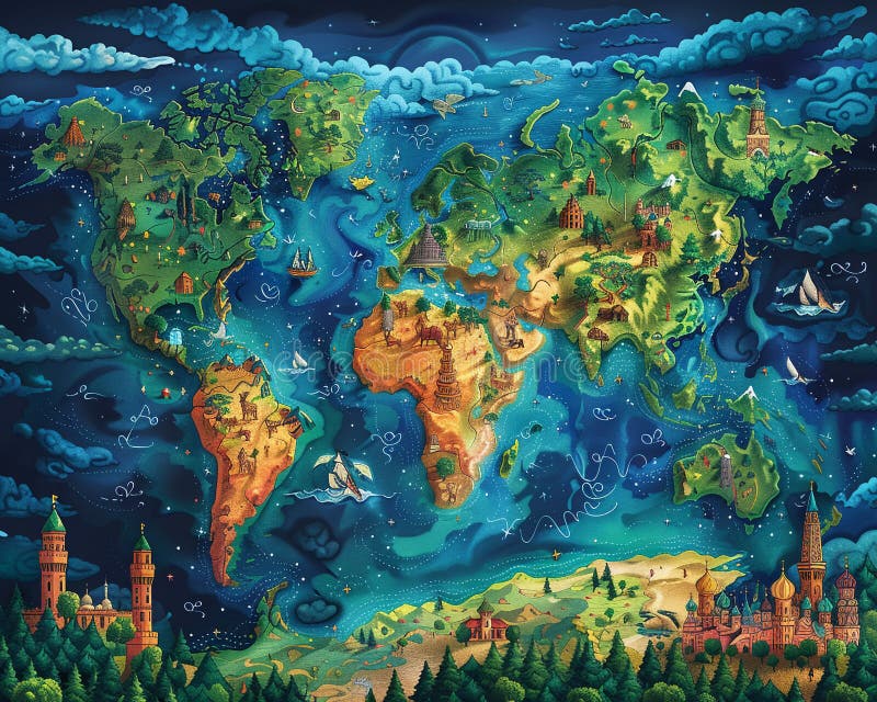 World Map in a Unique Digital Art Style Stock Image - Image of artwork ...