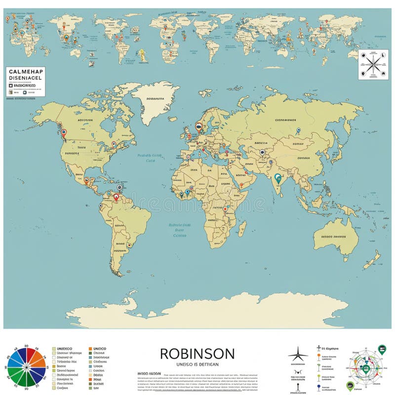 World Map Using the Robinson Projection, Highlighting UNESCO Sites ...