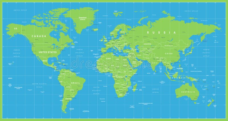 World Map Vector Blue Green. Detailed Illustration of Worldmap Stock ...