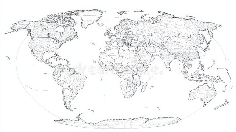 World Map in Vector Style, Outline Contour Globe with Rivers and Seas ...