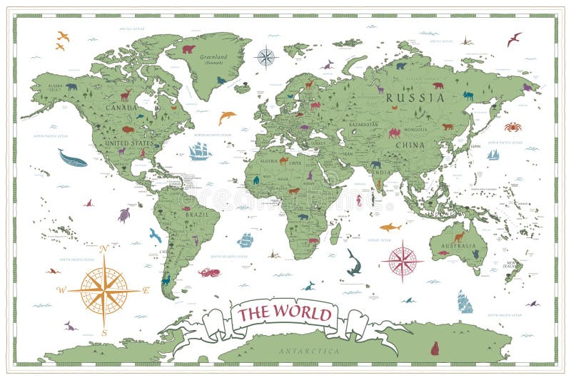 World Map Vintage Ancient Cartoon - Vector Illustration. Multicolored ...