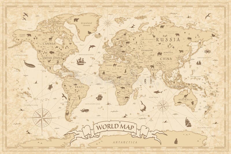 World Map Vintage Ancient Cartoon - Vector with Layers Stock Vector ...
