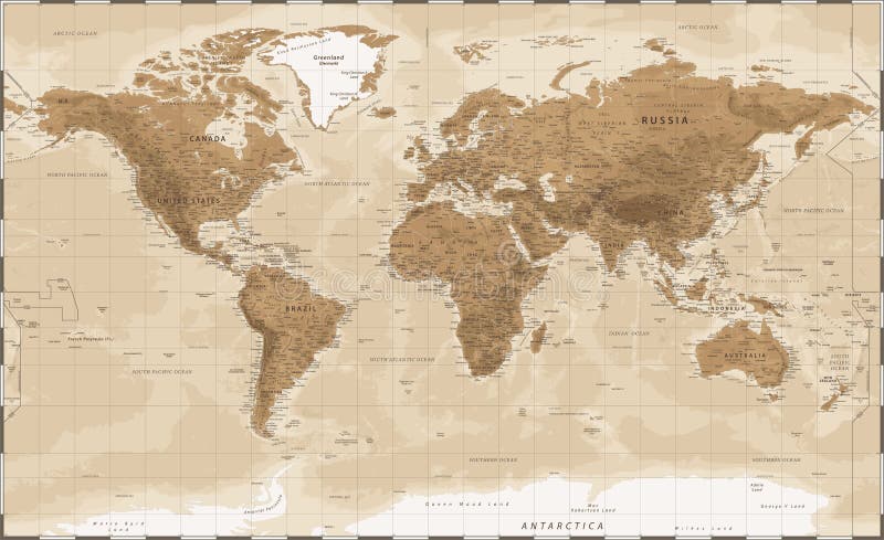 Vintage Physical World Map with Rivers and Mountains Vector ...