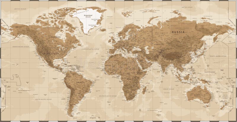World Map - Vintage Physical Topographic - Vector Detailed Illustration ...