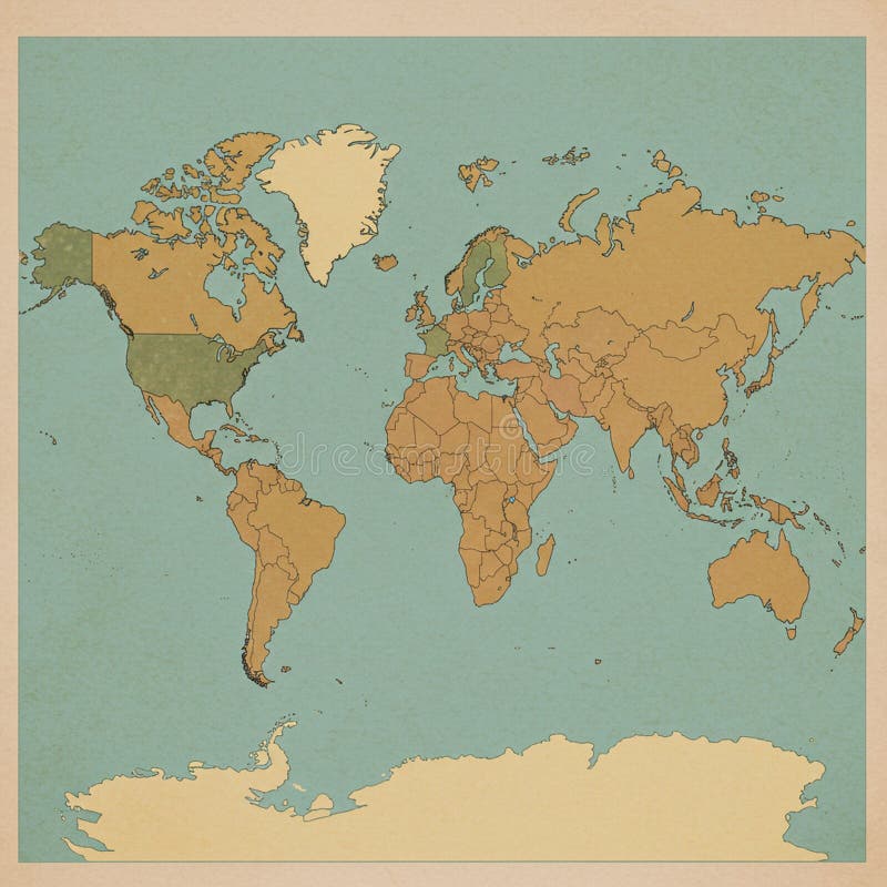 World Map with a Vintage Style Featuring a Beige and Light Blue Color ...