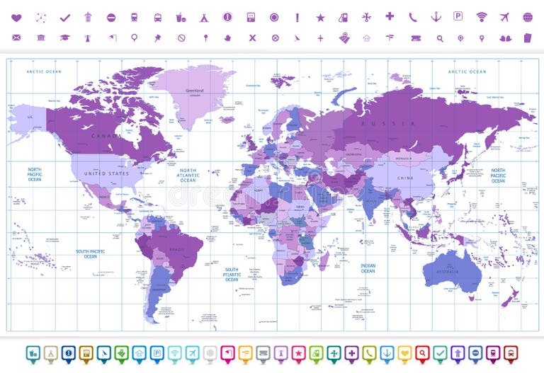 World Map Violet Colors and Flat Navigation Icon Set Stock Vector ...