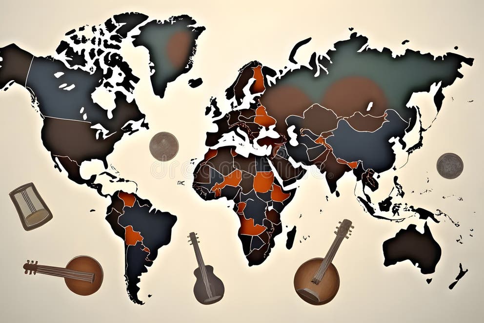 World Map with Violin and Various Musical Instruments Stock Illustration - Illustration of ...