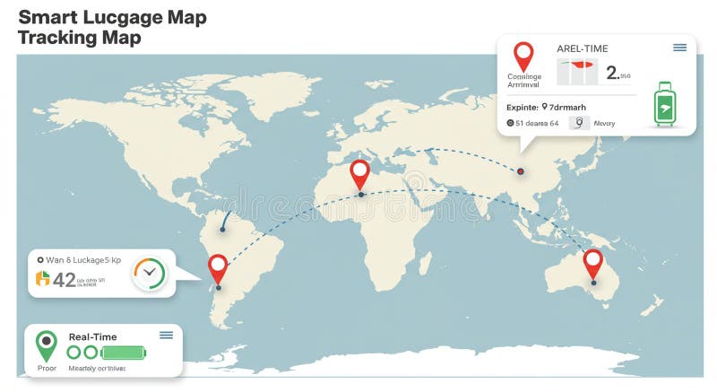 World Map Visualizing a Smart Luggage Tracking System. Pins Mark ...