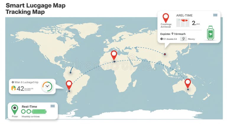 World Map Visualizing a Smart Luggage Tracking System. Pins Mark Specific Locations Stock ...
