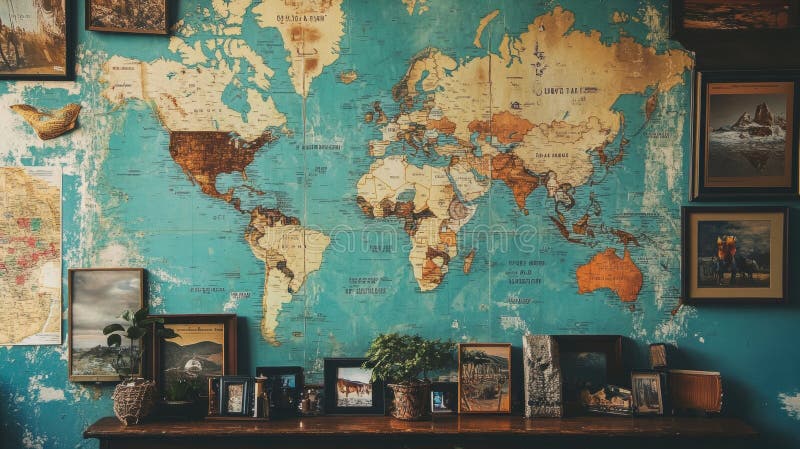 World Map on a Wall Decorated with Travel Photos and Keepsakes Stock ...