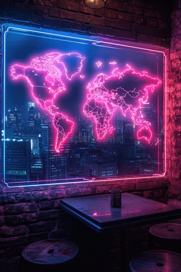 A World Map on the Wall with Neon Lighting. Designer Decor on the Wall ...