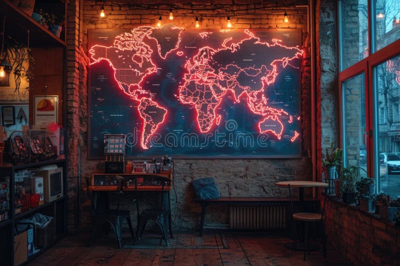 A World Map on the Wall with Neon Lighting. Designer Decor on the Wall ...