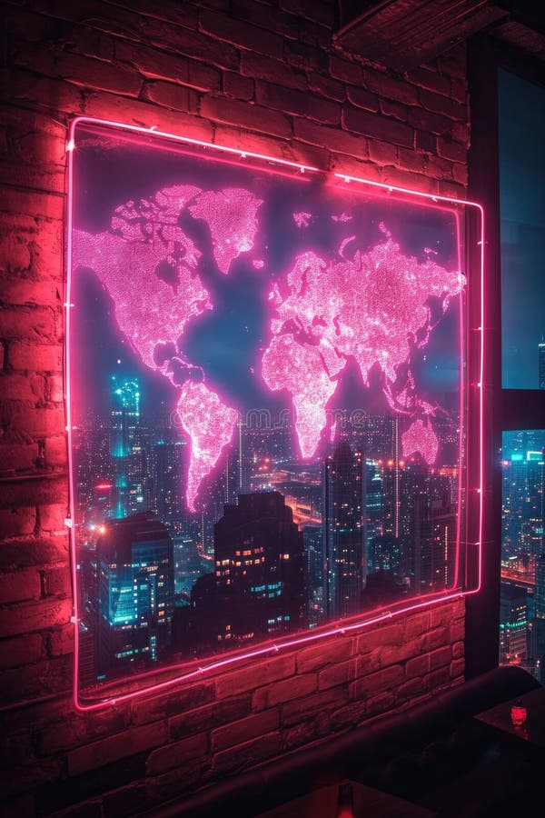 A World Map on the Wall with Neon Lighting. Designer Decor on the Wall ...