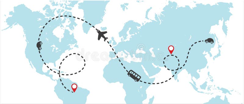 World Map Whit Dashed Trace Line and Airplanes Flying, Bus Driving, and ...