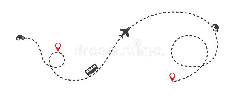 World Map Whit Dashed Trace Line And Airplanes Flying Bus Driving