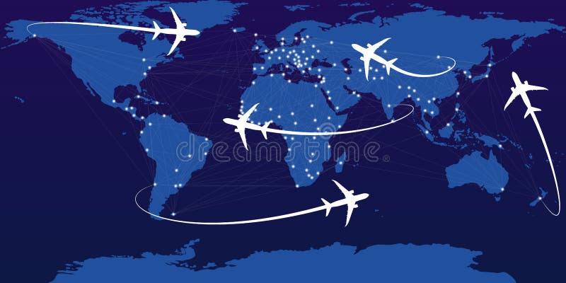 World Map Whit Dashed Trace Line And Airplanes Flying Travel Concept