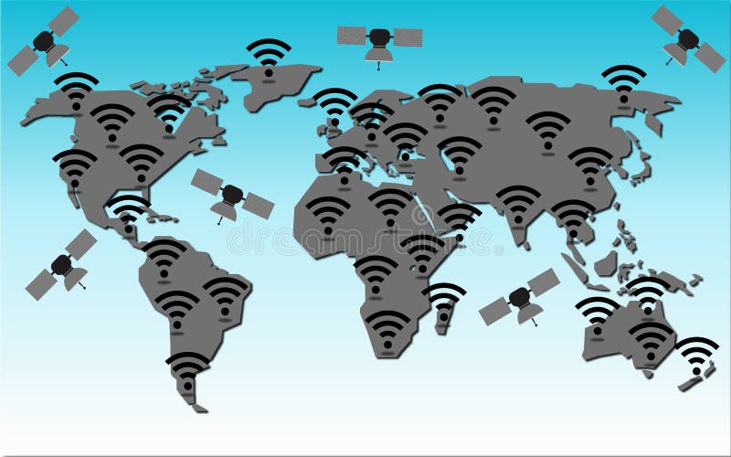 World Map with Wireless Connection and Satellite Stock Illustration ...