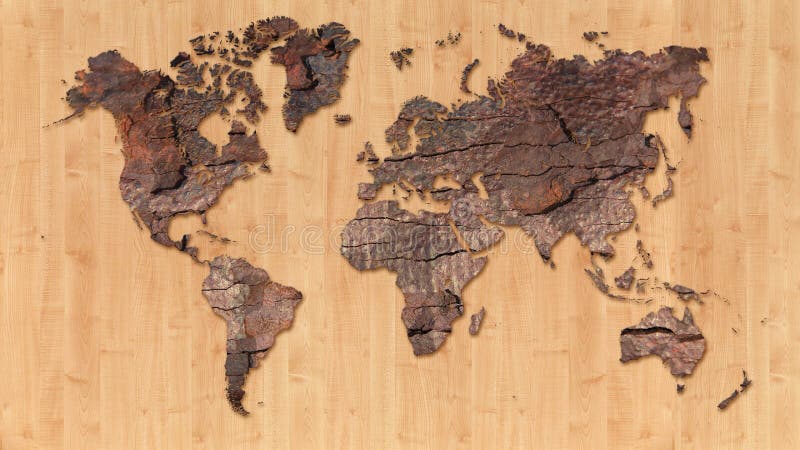 World Map with Wood and Rusty Metal Textures Stock Photo - Image of ...