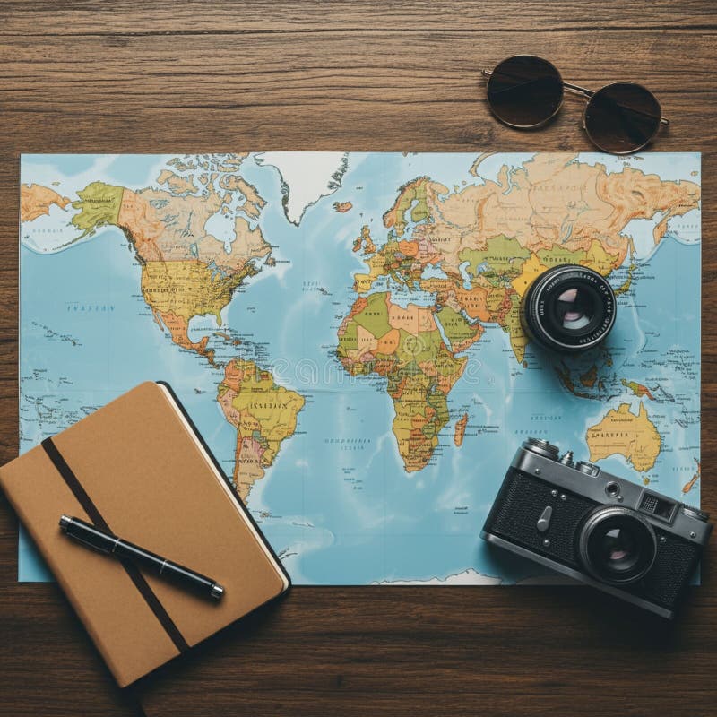 World Map on a Wooden Surface Accompanied by a Notebook with a Pen on ...