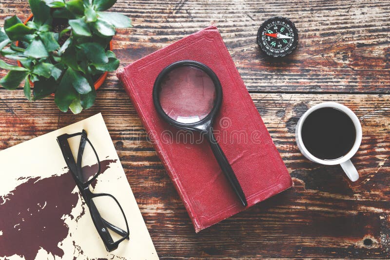 World Map on a Wooden Table Stock Photo - Image of spyglass, compass ...