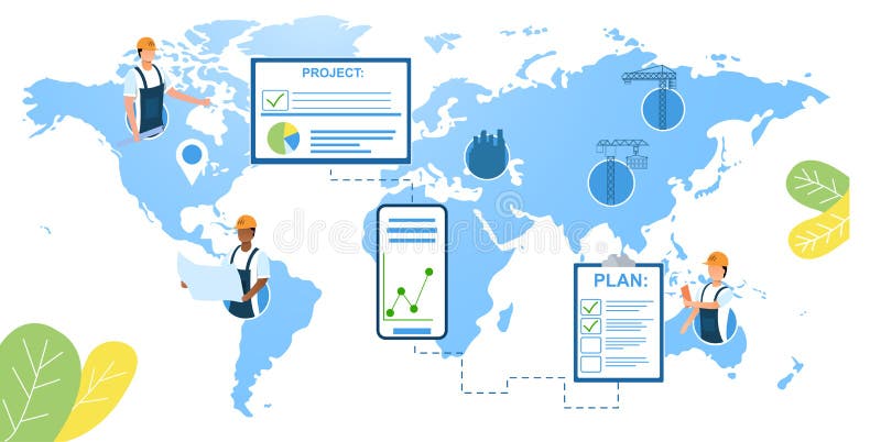 World Map with Workers and World Construction Business Stock Vector ...