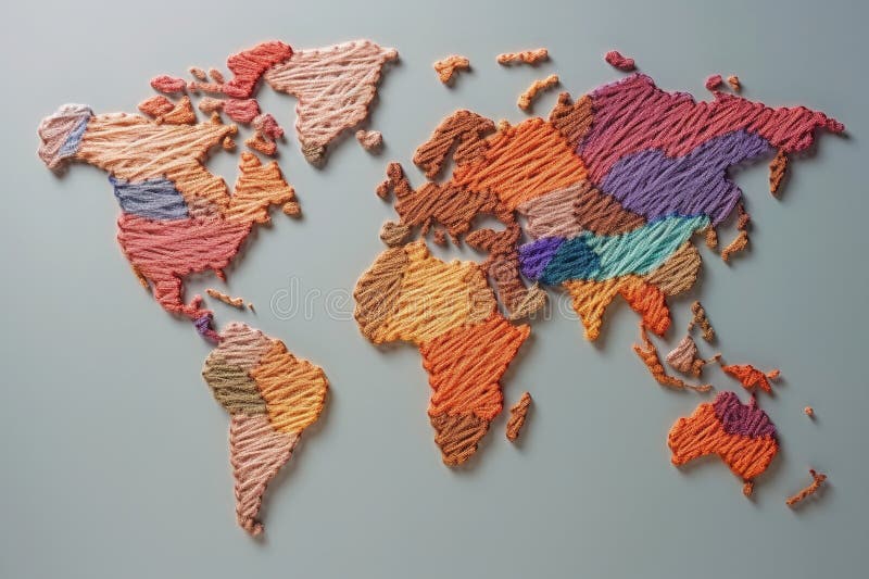 The World Map is Woven from Many Multi-colored Threads. Stock ...