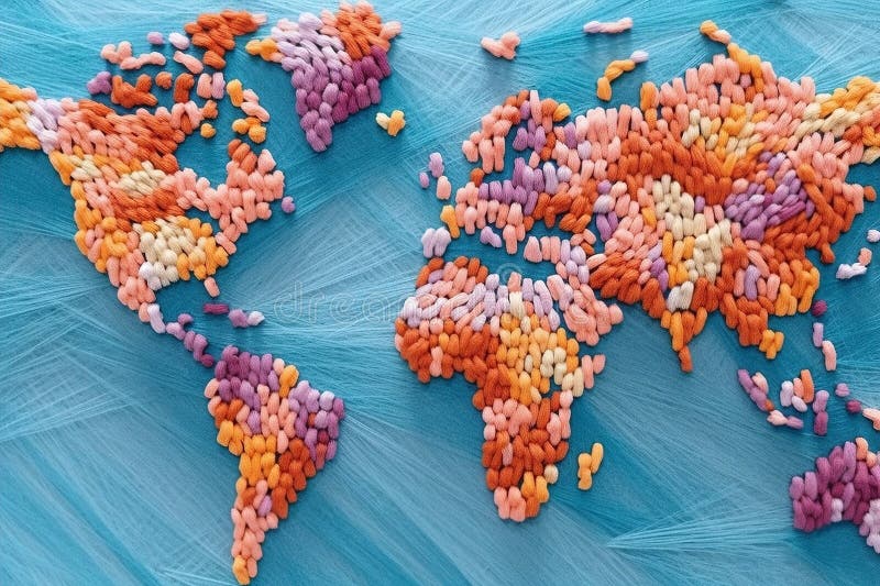 The World Map is Woven from Many Multi-colored Threads. Stock ...