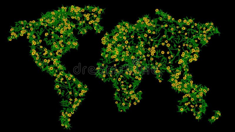 World Map with Yellow Daisy Flowers and Green Leaves on Plain Black ...