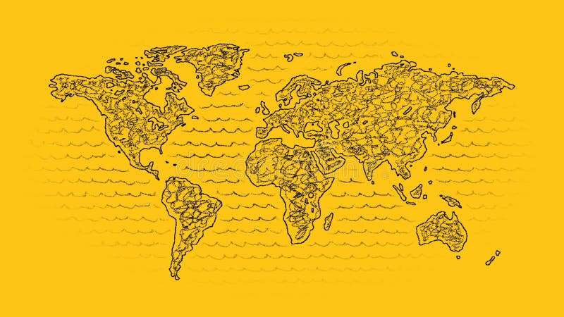 World Map with Yellow Daisy Flowers and Green Leaves on Plain Black ...