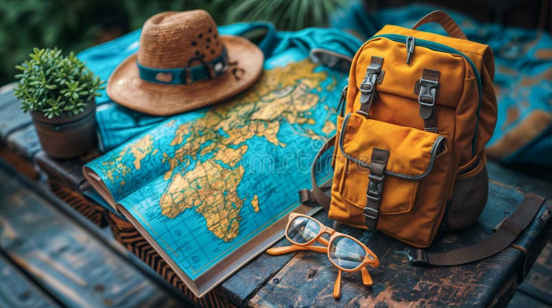 World Map, Yellow Travel Backpack and Glasses on a Wooden Table. Travel ...
