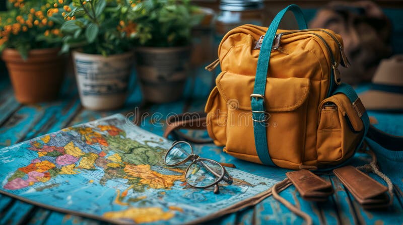 World Map, Yellow Travel Backpack and Glasses on a Wooden Table. Travel ...