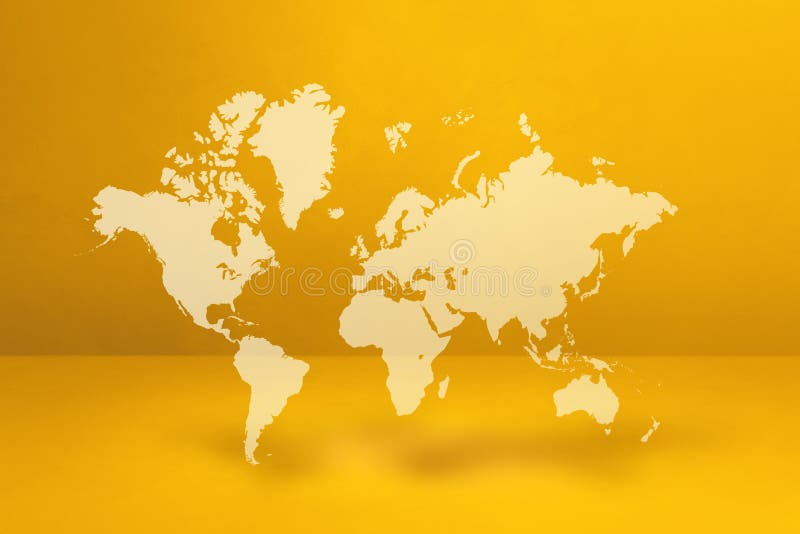 World Map on Yellow Wall Background. 3D Illustration Stock Illustration ...