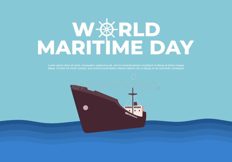 World Maritime Day Background with Big Ship on Ocean and Steer Wheel ...