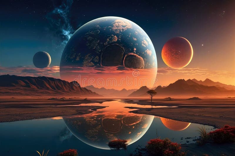 A World with Multiple Suns and Moons in the Sky. Generative AI Stock ...