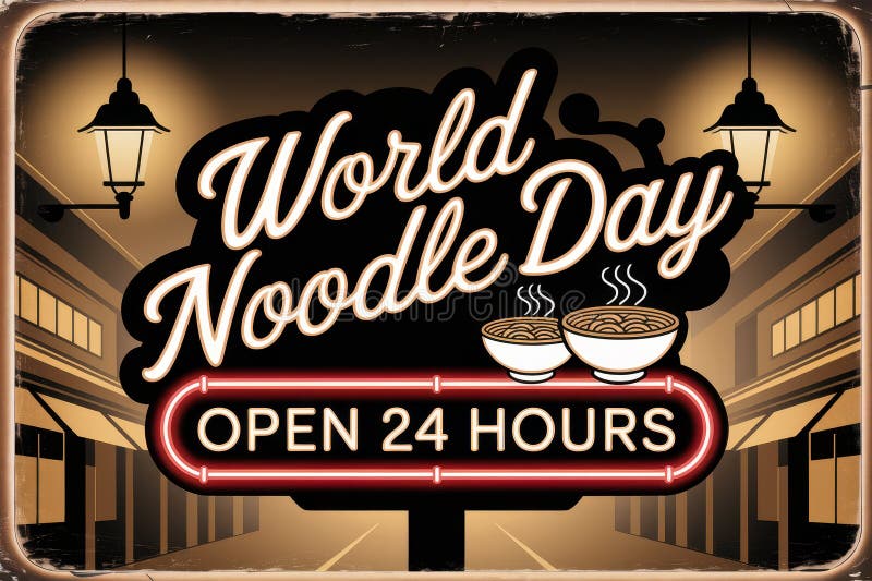 World Noodle Day Celebration Sign with Open 24 Hours Vintage Design ...