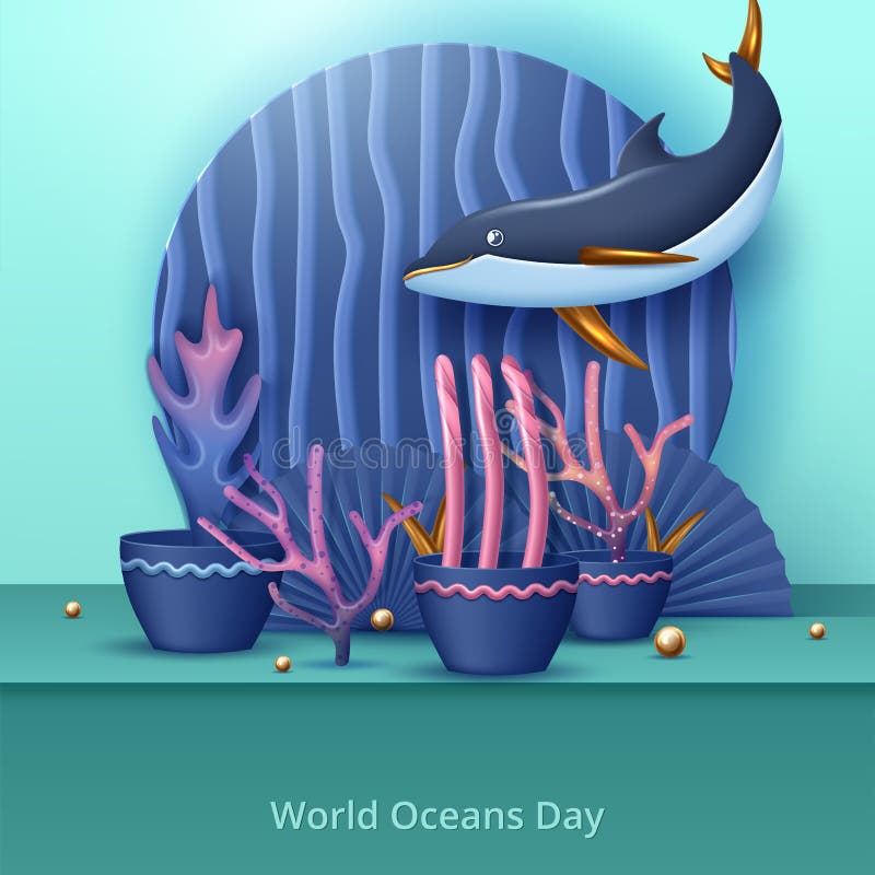 World Oceans Day Banner with Cute Dolphin. Vector Illustration Stock ...