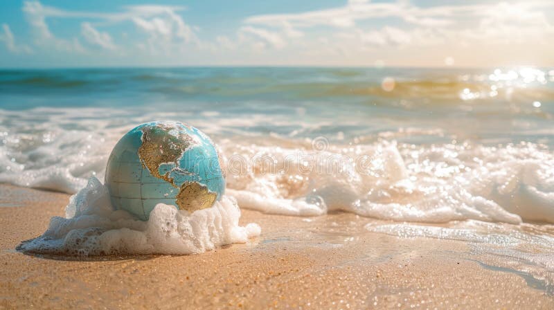 World Oceans Day Captured with a Globe in Gentle Beach Waves Under a ...
