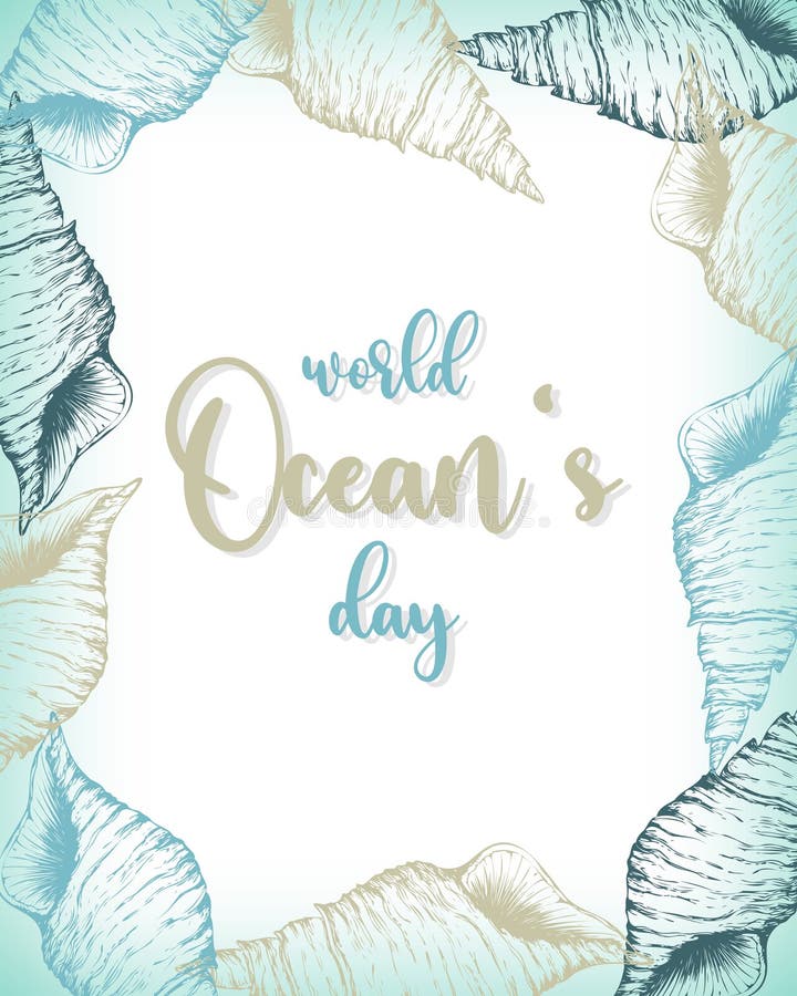 World Oceans Day Card Poster With Seashells Contour Hand Drawing Stock