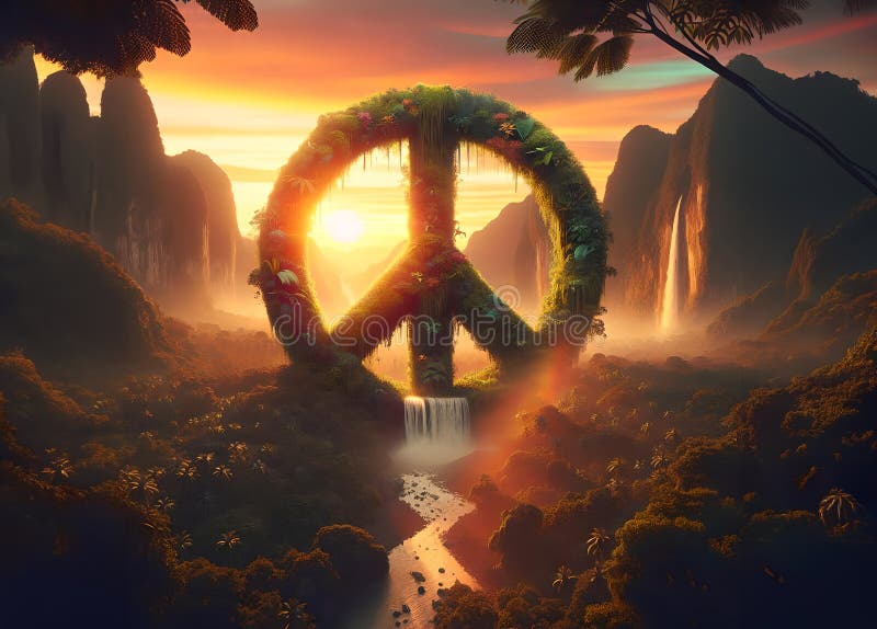 World Peace Sign in a Forest Landscape at Sunset Stock Illustration ...