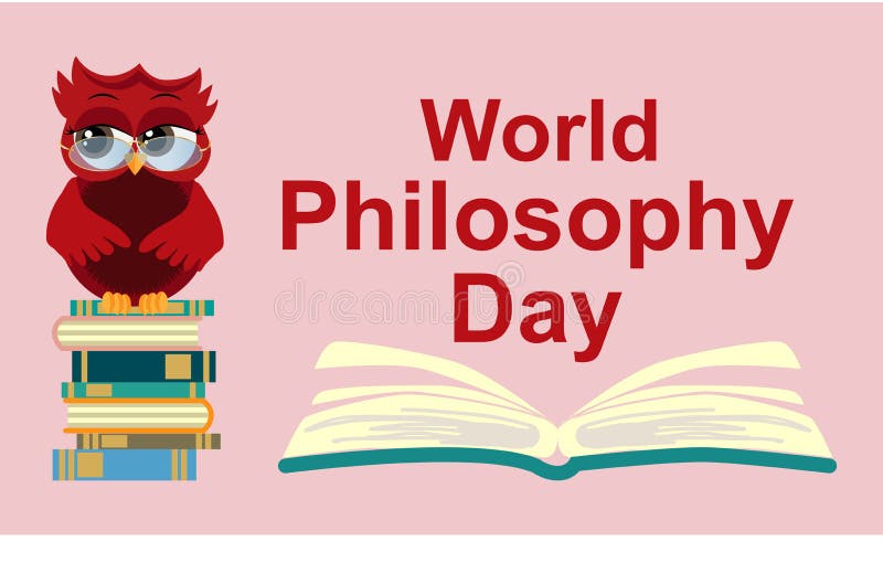 World Philosophy Day. Smart Owl on Stack of Books, Open Book and ...