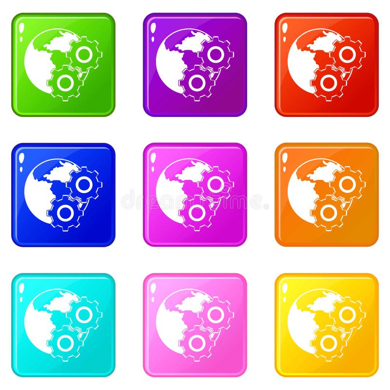 World Planet and Gears Icons 9 Set Stock Vector - Illustration of ...