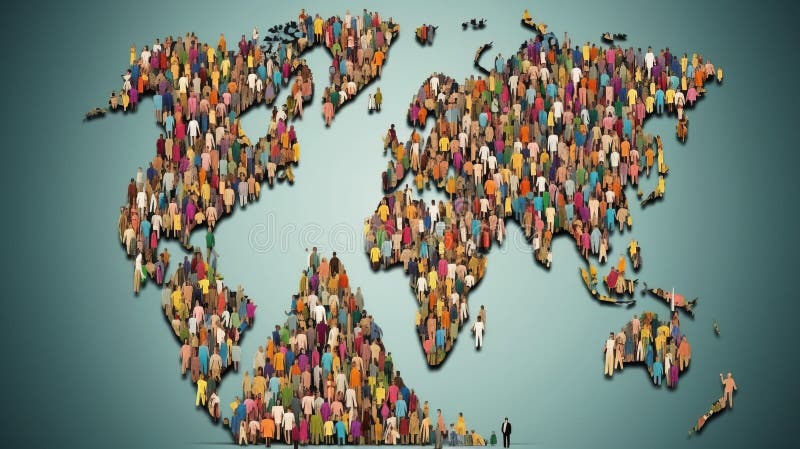 World Population Day. a Group of People on the Map of the Planet Earth ...