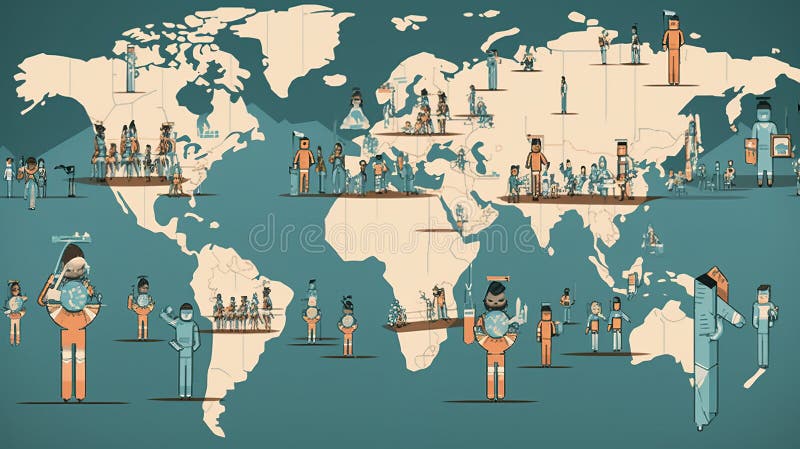 World Population Day. a Group of People on the Map of the Planet Earth ...