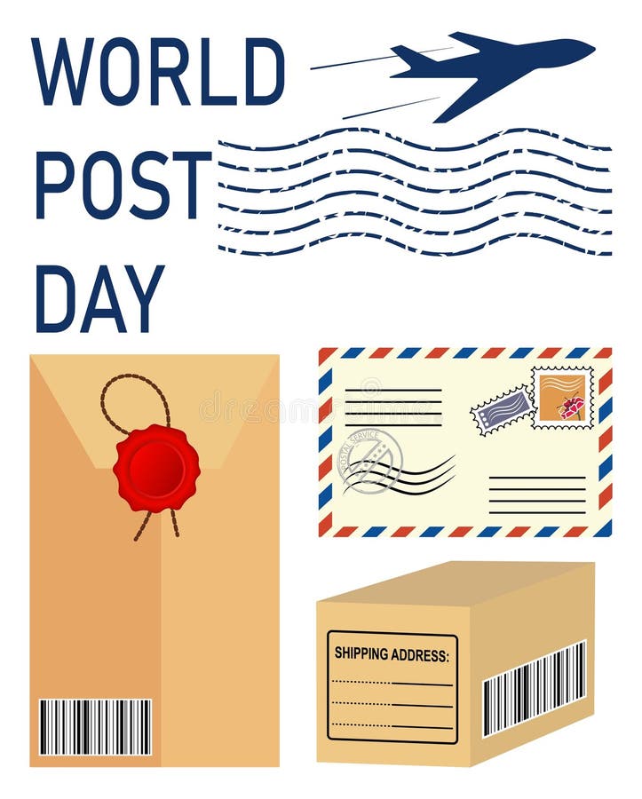 World Post Day. Airplane, Envelope and Parcels. Mail Delivery Stock ...