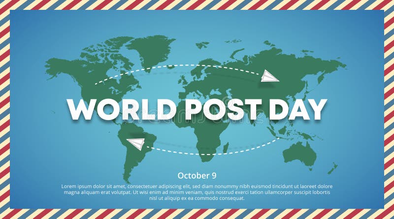 World Post Day Background with Paper Plane Postcard and World Map Stock ...