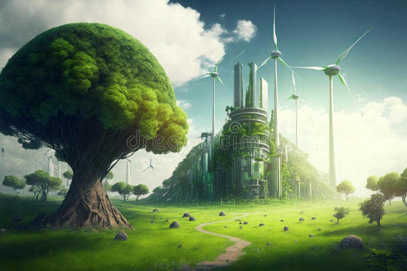 Green Clean Energy Utopia - Generative AI Illustration Stock ...