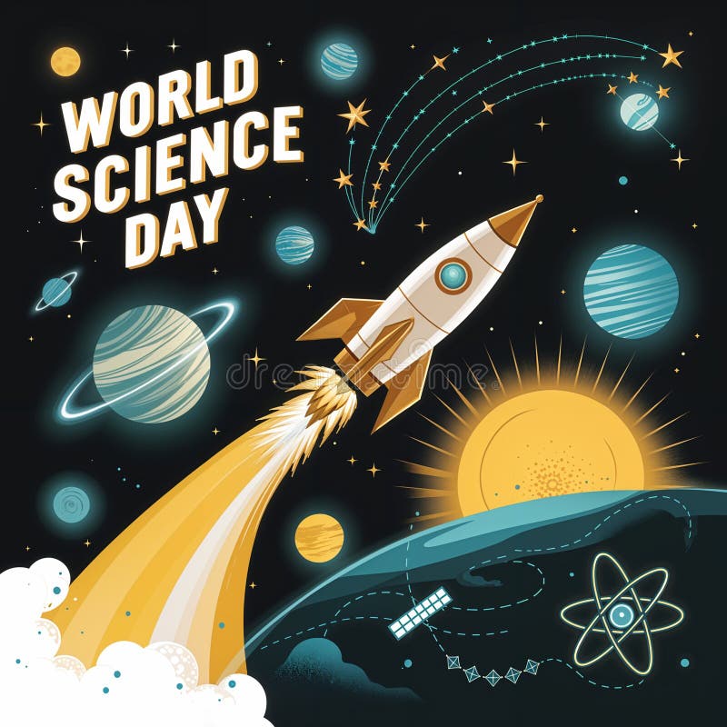 World Science Day Celebration Post Design Image with Rocket and Space ...